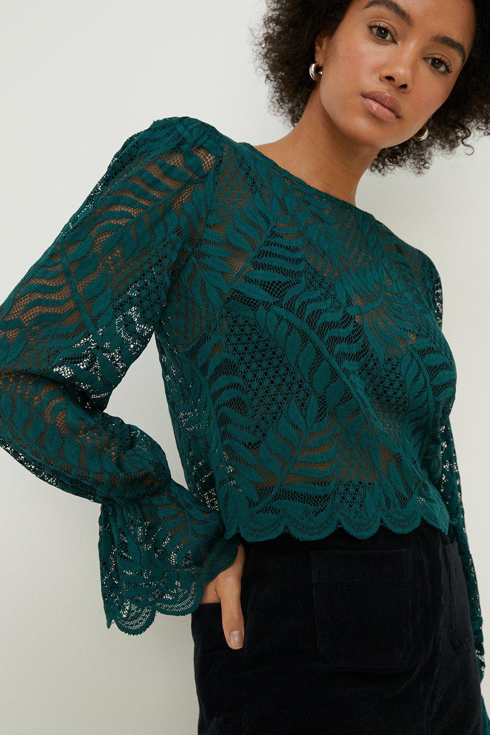 Oasis Green Long Sleeved Delicate Lace Top | PLT