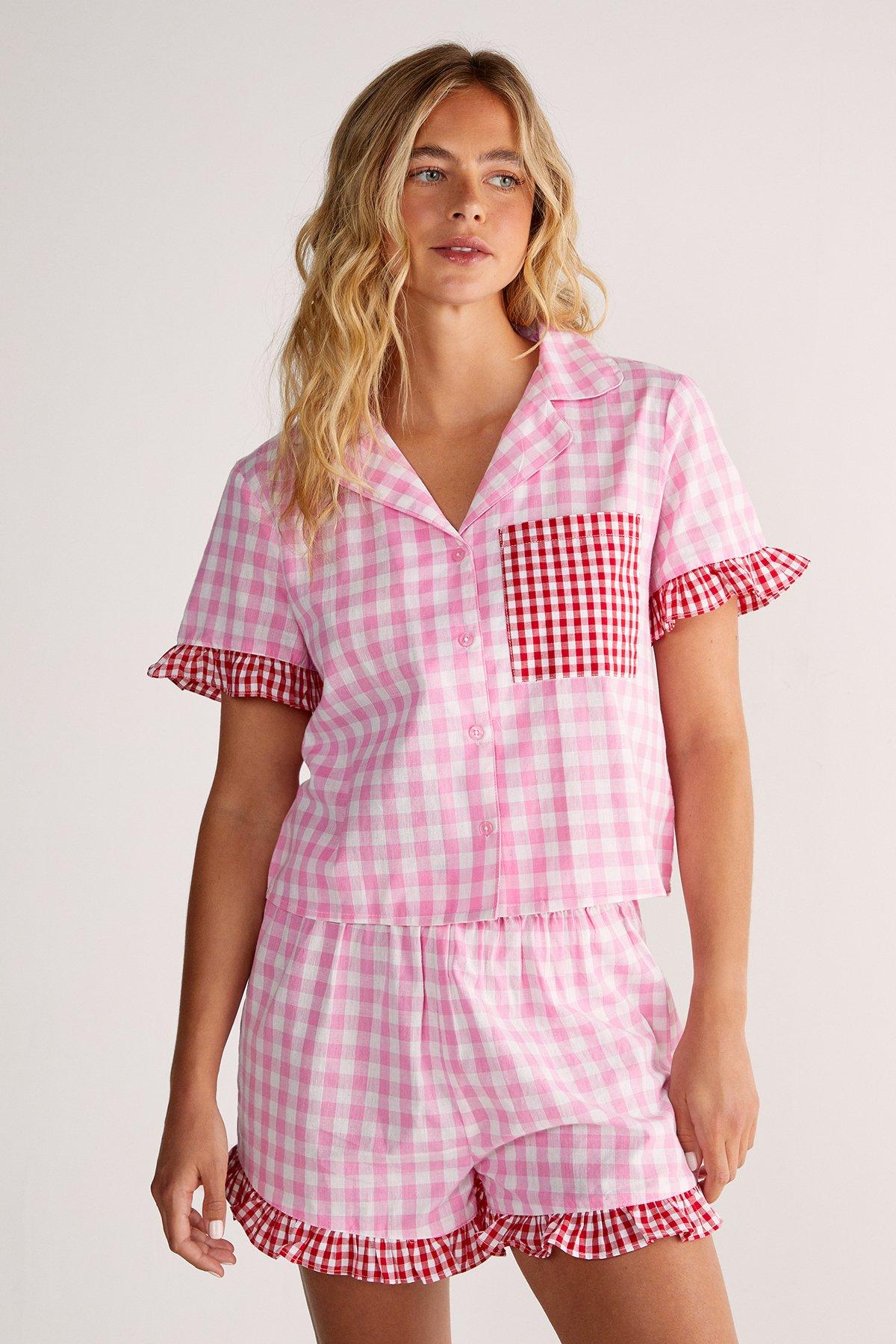 NastyGal Pink Gingham Contrast Ruffle Pajama Shorts Set | PLT