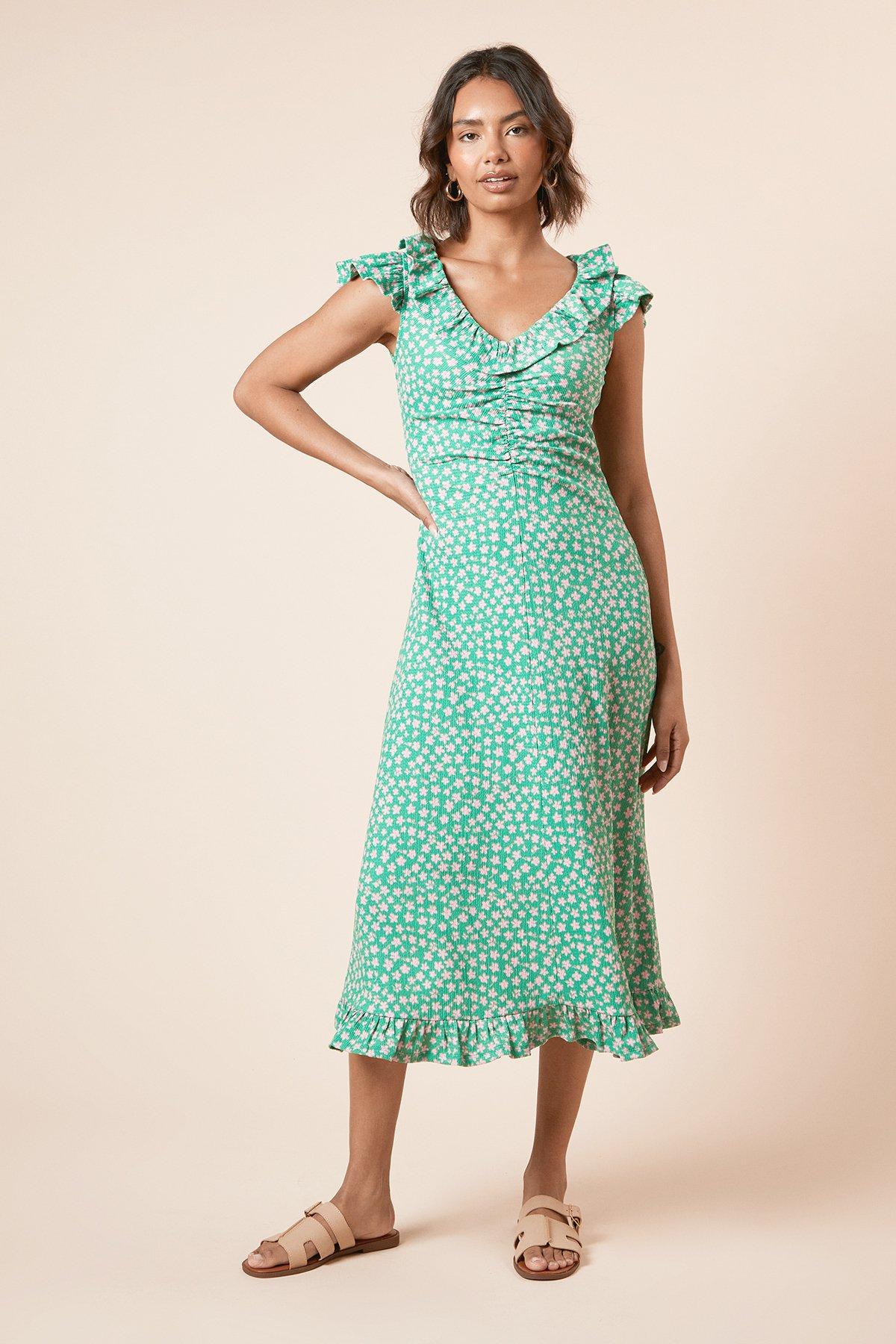 Dorothy Perkins Green Green Ditsy Frill Neck Ruched Front Jersey Midi ...