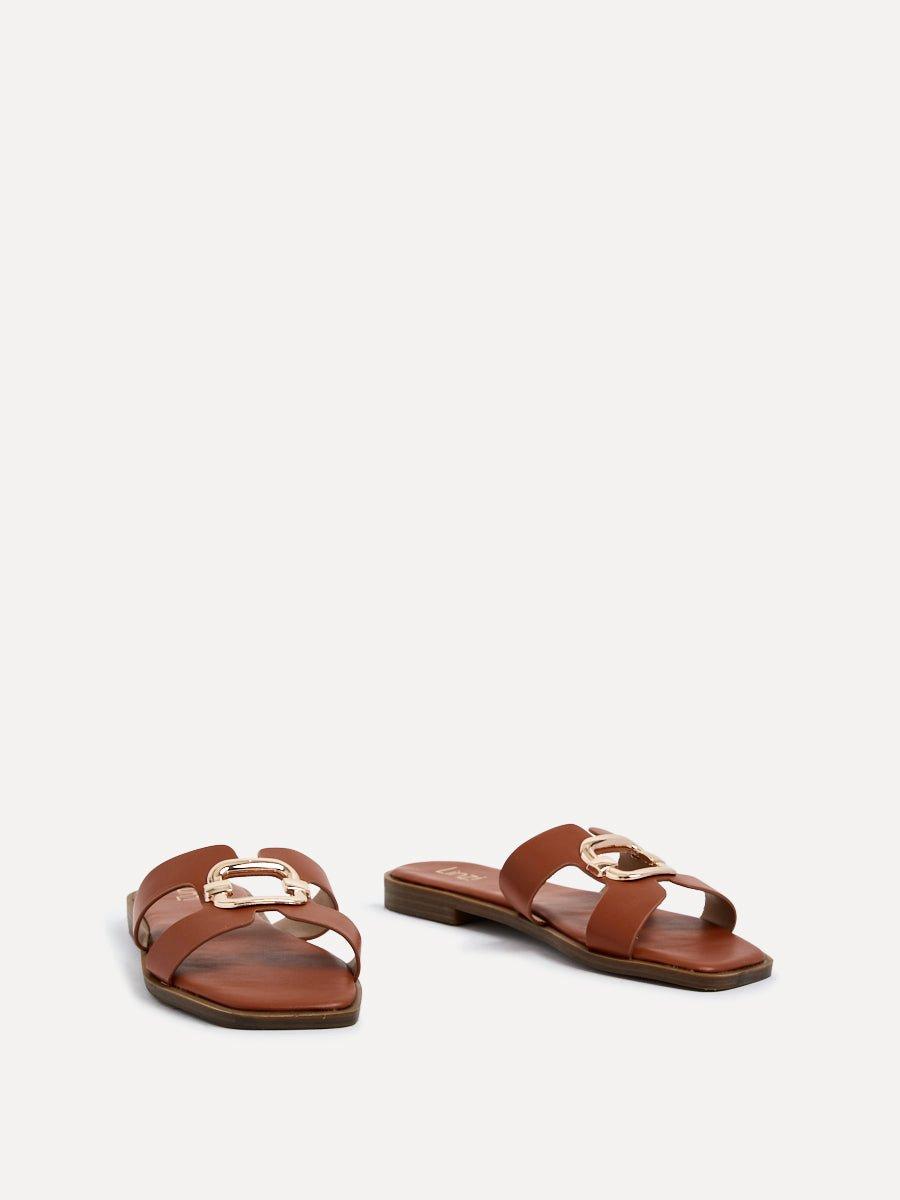 Linzi Brown Vida Tan Faux Leather Flat Sandal | PrettyLittleThing