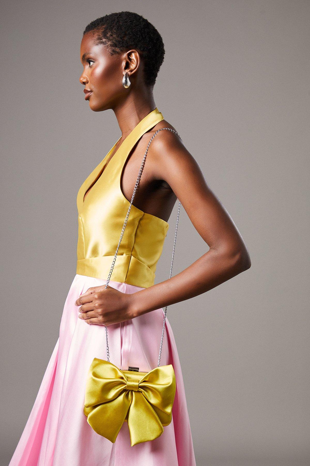 Coast Chartreuse Azalea Satin Bow Detail Clutch Bags | PrettyLittleThing