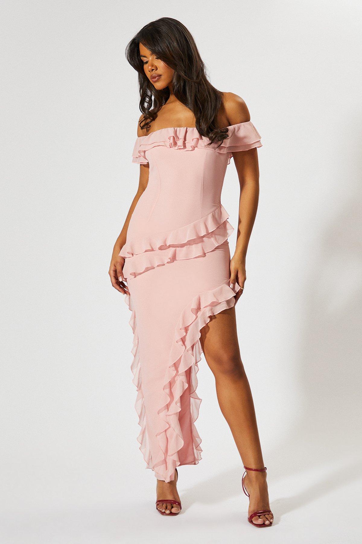 MissPap Blush Chiffon Frill Split Leg Maxi Dress | PrettyLittleThing