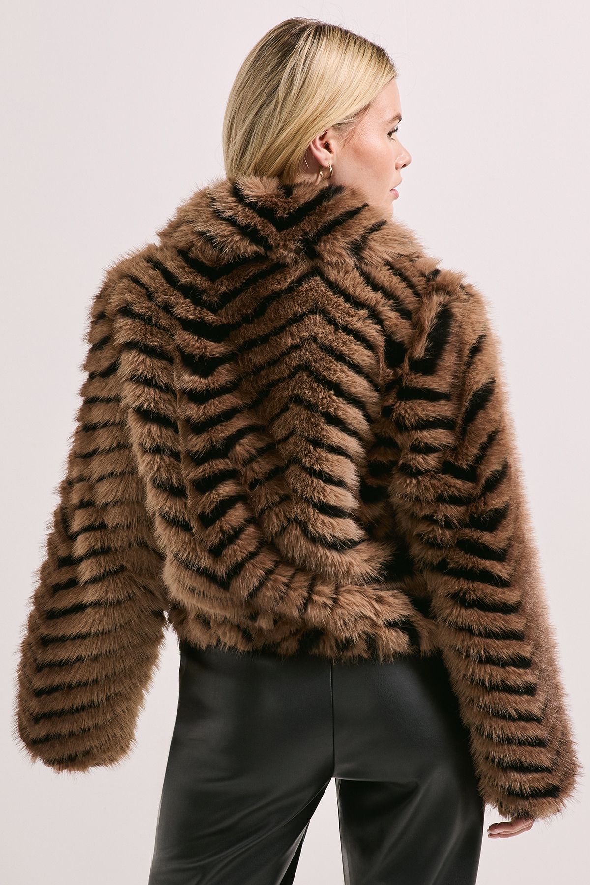 Dorothy Perkins Brown Chevron Fur Jacket | PLT