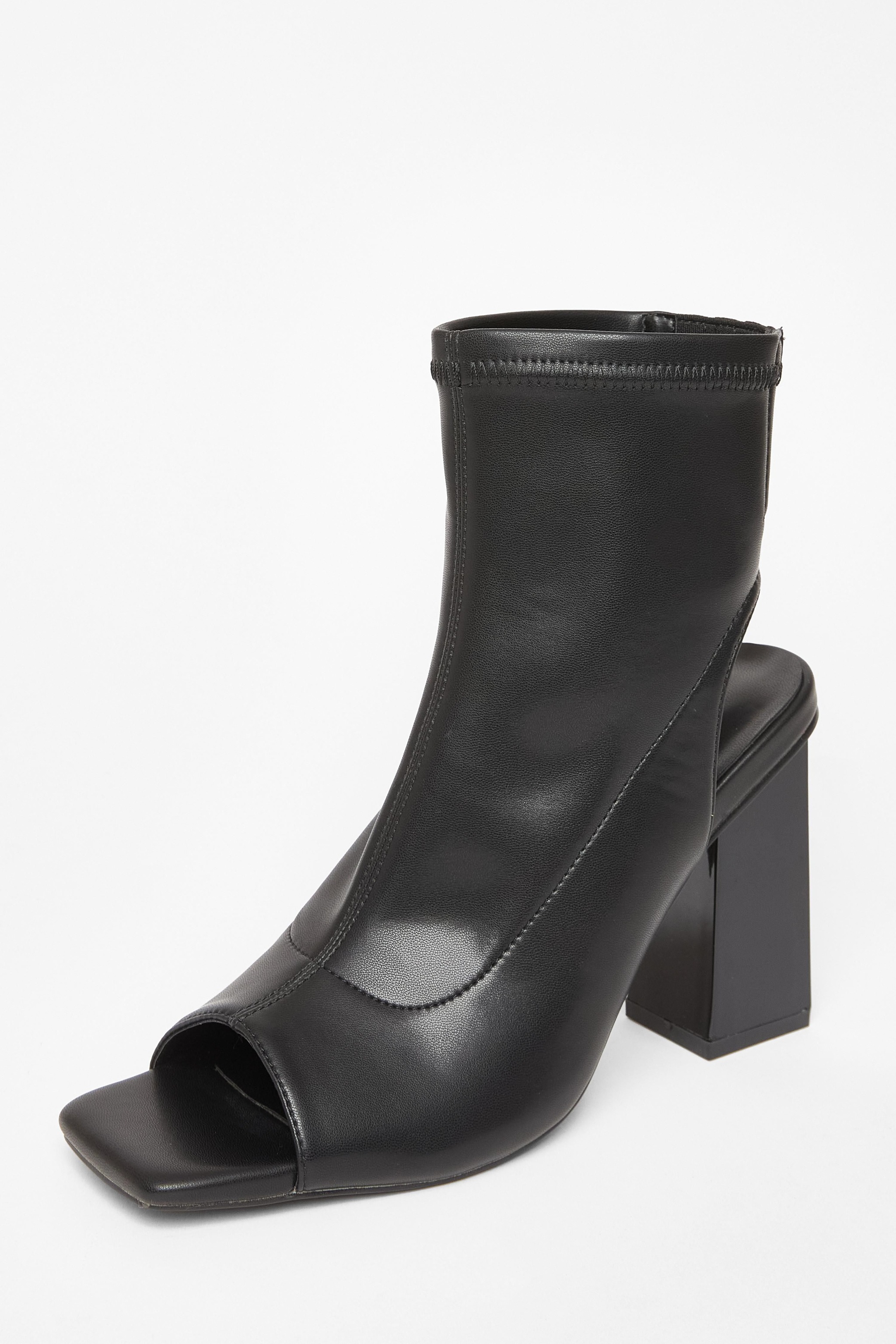 Quiz Black Black Faux Leather Peep Toe Boots | PLT
