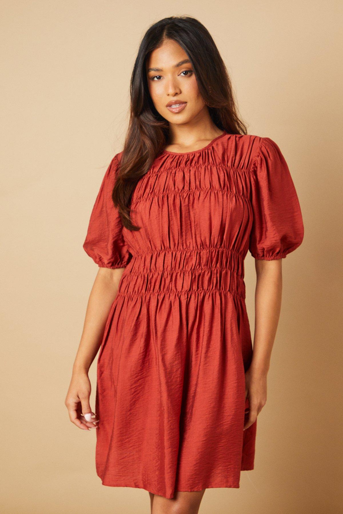 Oasis Rust Petite Shirred Bodice Puff Sleeve Mini Dress | PrettyLittleThing
