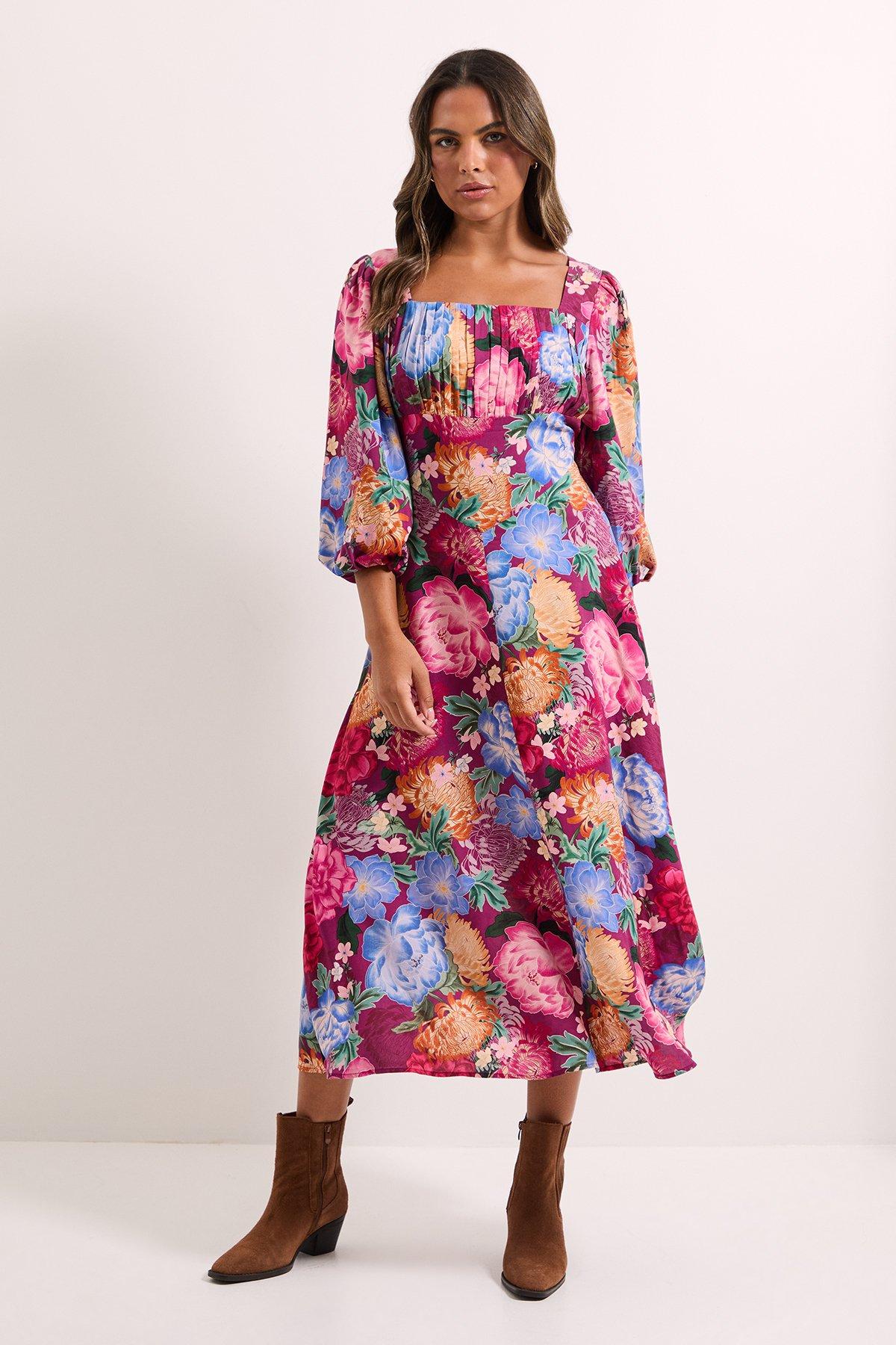 Dorothy Perkins Floral Floral Ruched Bust Drop Waist Midi Dress | PLT