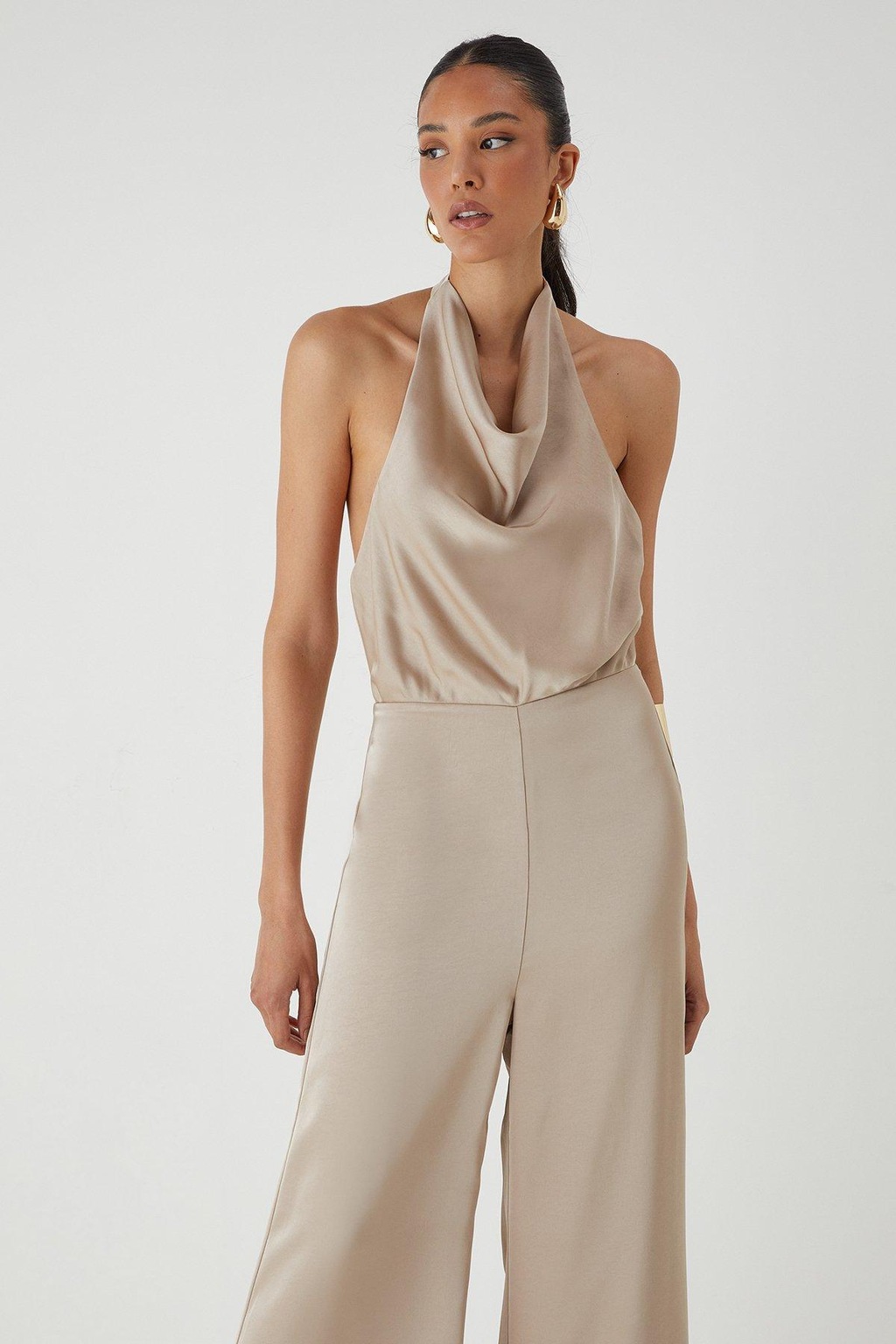MissPap Bronze Satin Cowl Neck Wide Leg Jumpsuit | PrettyLittleThing