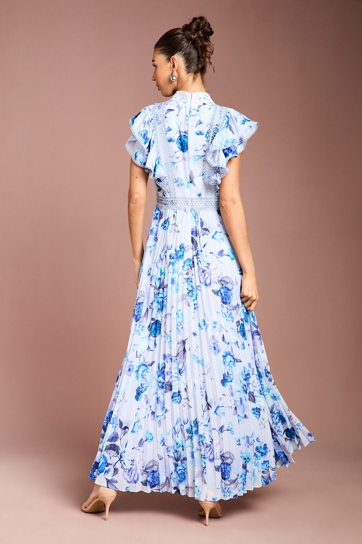 Coast Blue Frill Sleeve Contrast Collar Pleat Skirt Maxi Dress | PLT