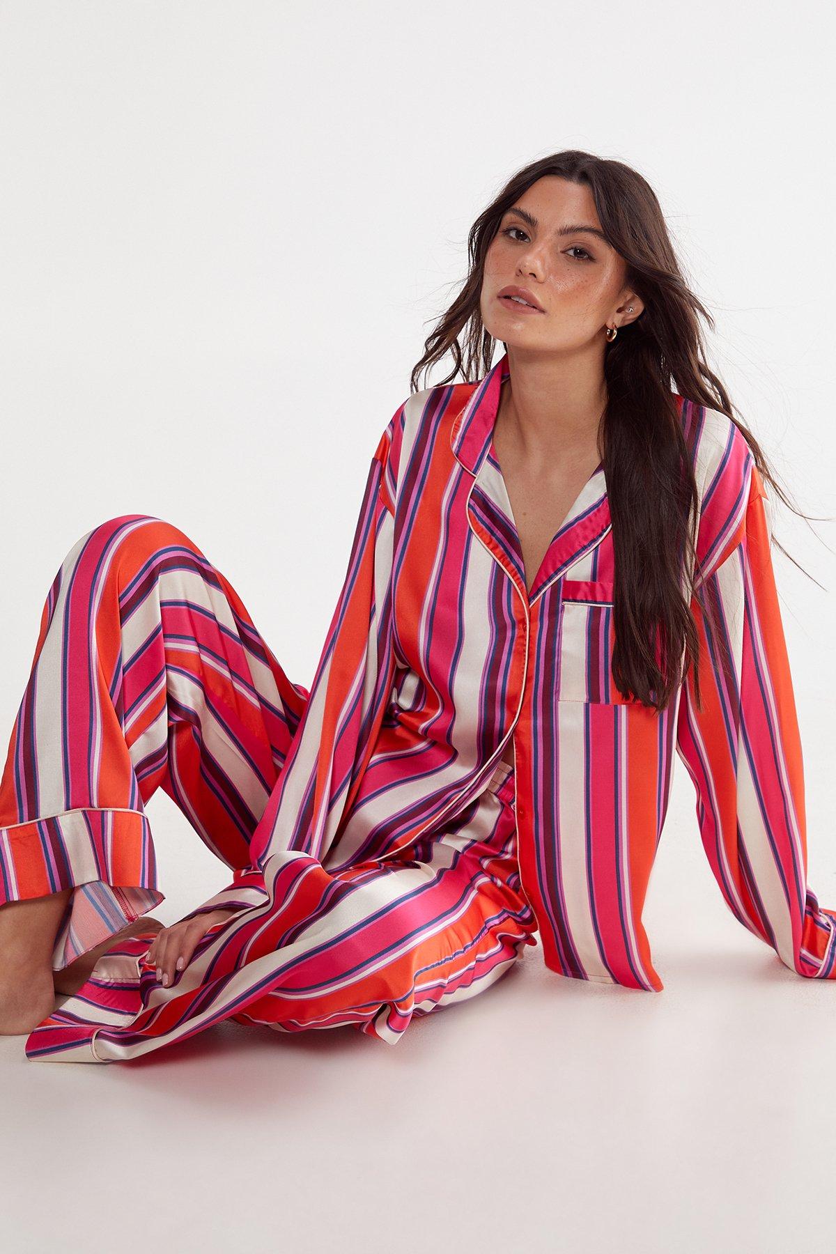 NastyGal Rust Satin Multi Stripe Shirt And Pants Pajama Set ...