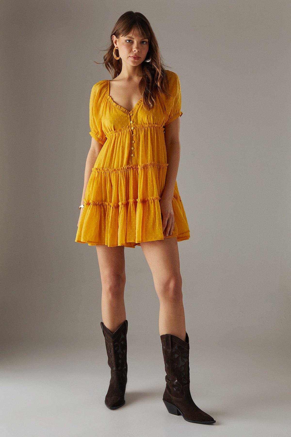 Warehouse Yellow Dobby Chiffon Button Mini Smock Dress | PrettyLittleThing