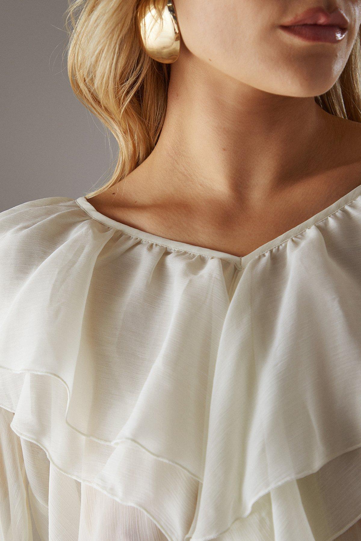 Warehouse Ivory Chiffon Double Ruffle Boho Blouse | PrettyLittleThing