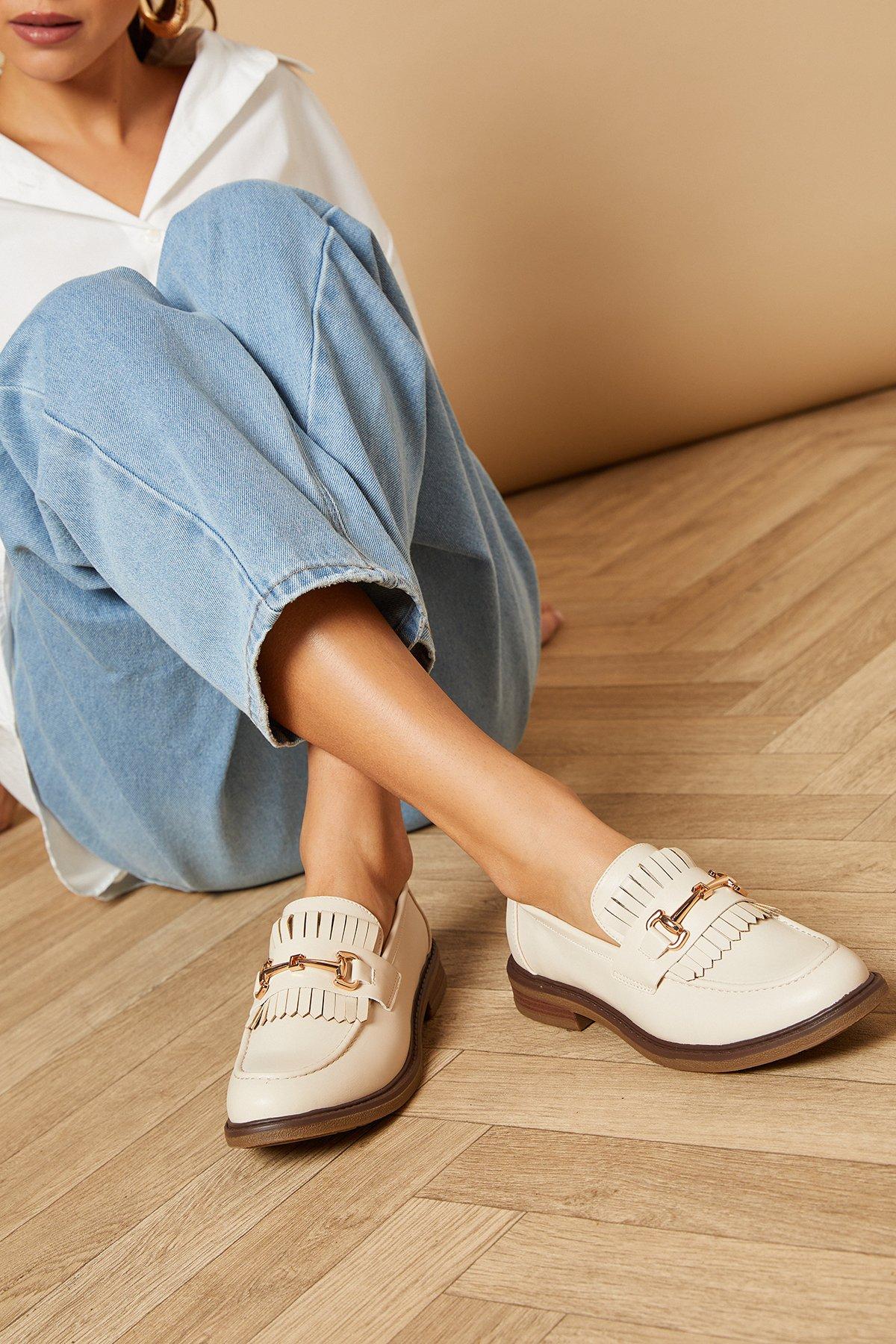 Oasis Cream Zuleika Faux Leather Fringe Detail Metal Snaffle Chunky Loafers | PLT