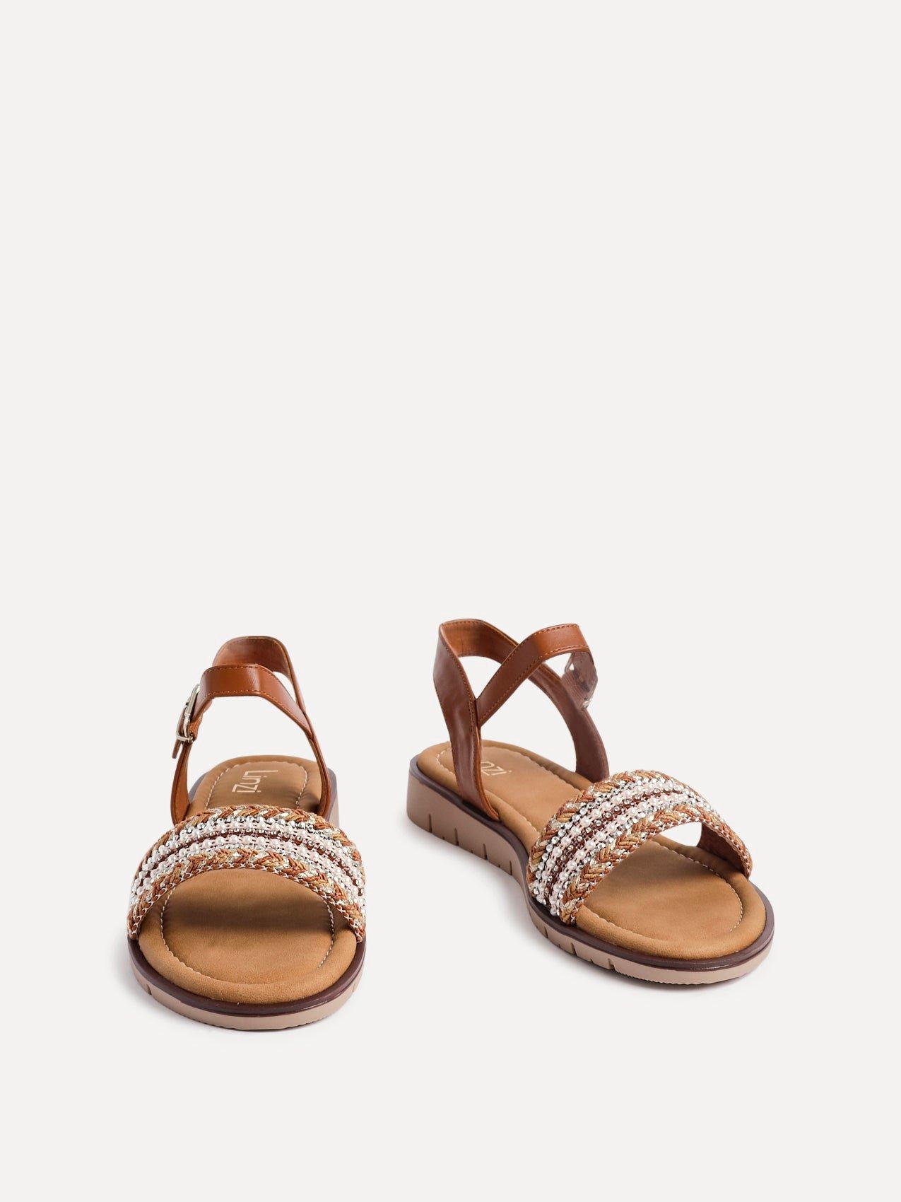 Linzi Tan Halo Tan Weaved Embellished Flat Sandals | PLT