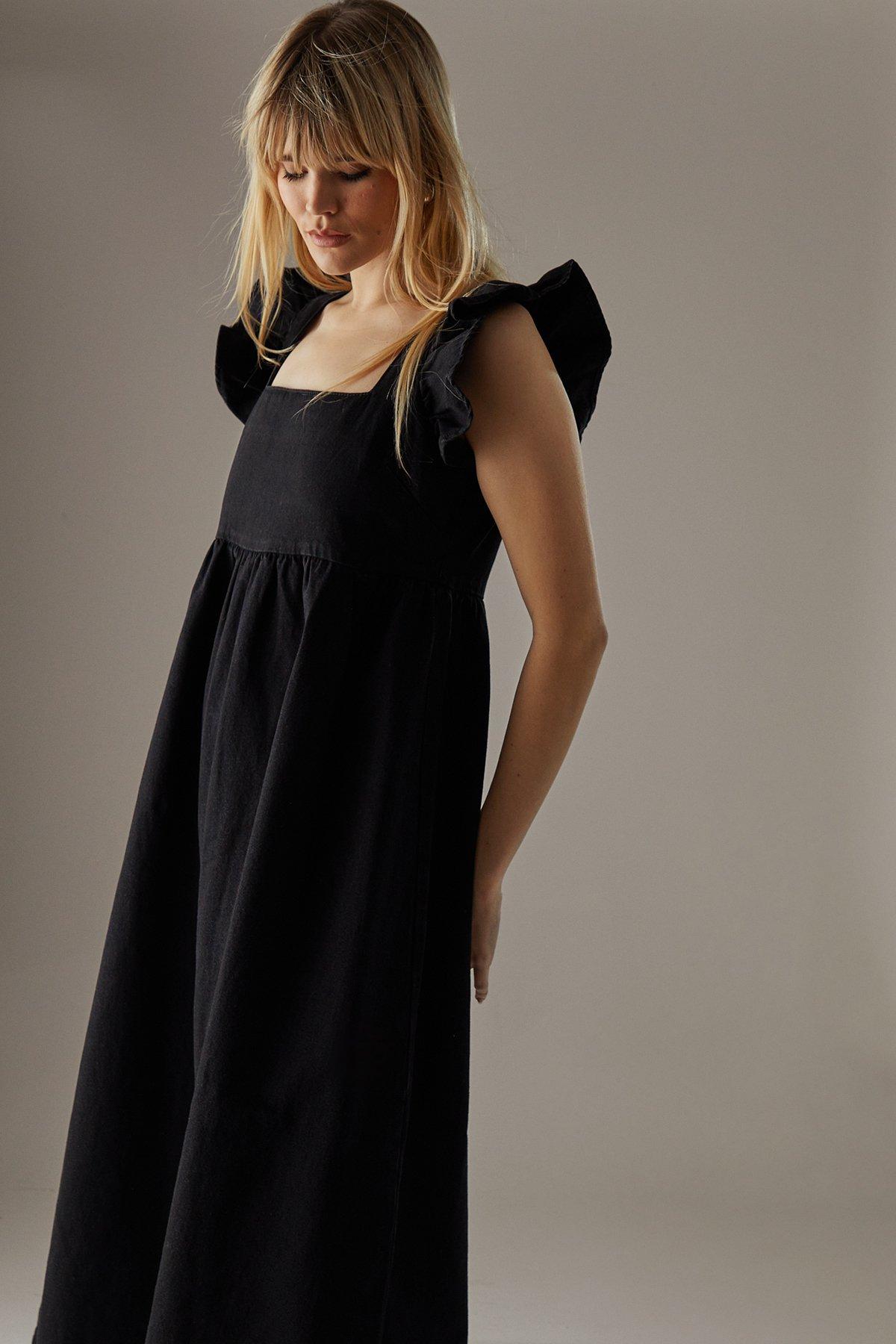 Warehouse Washed Black Denim Square Neck Frill Smock Midi Dress ...