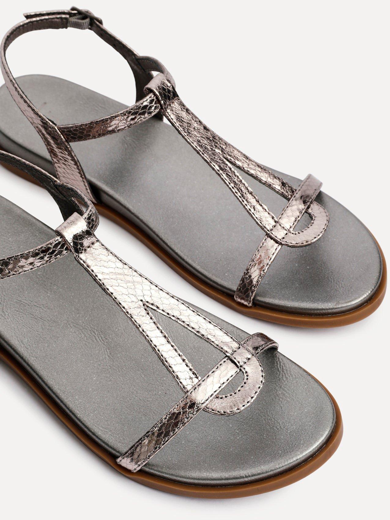 Linzi Silver Saylor Pewter Faux Leather Textured T-Bar Sandals | PLT