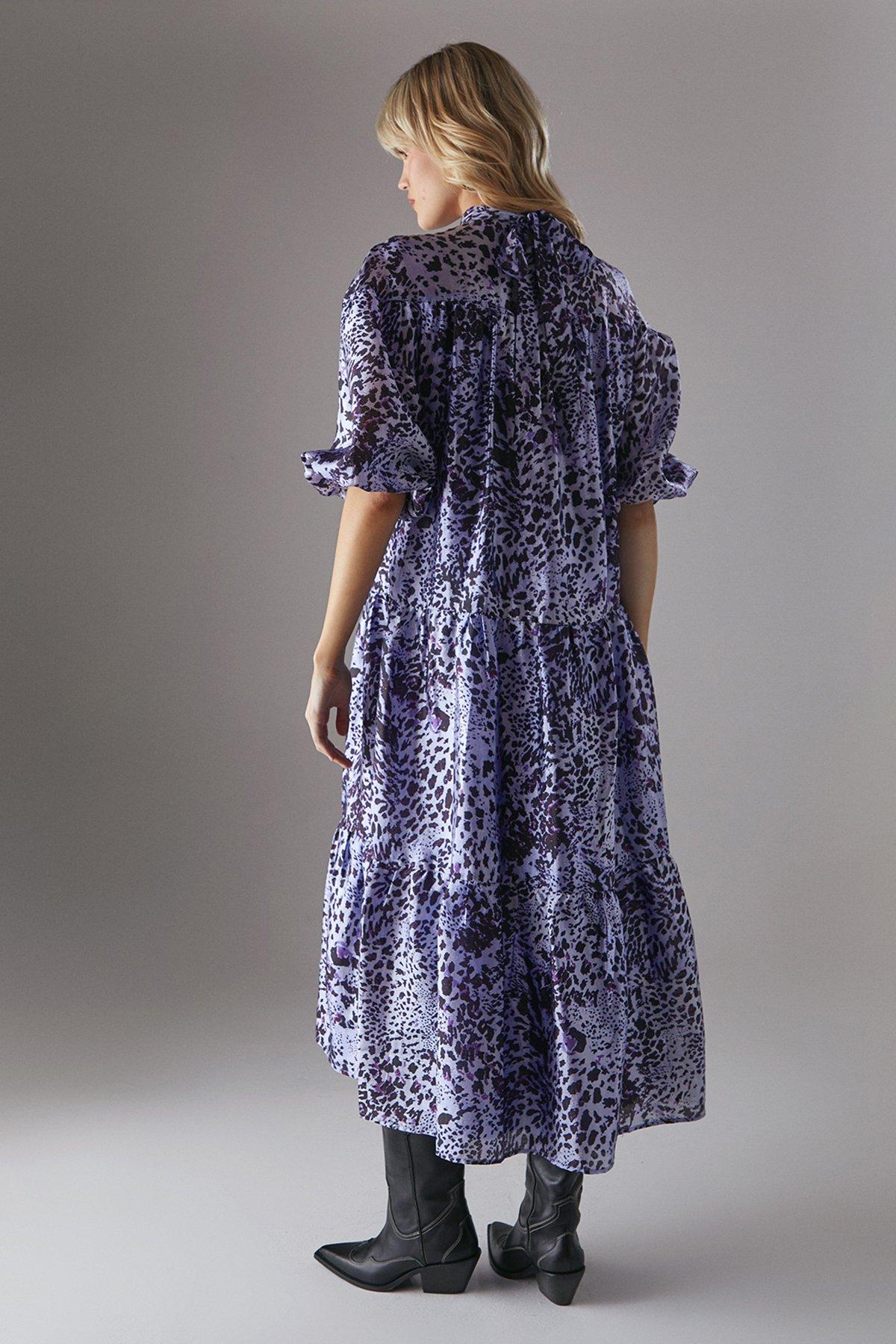 Warehouse Animal Organza High Neck Tier Midi Smock Dress | PLT