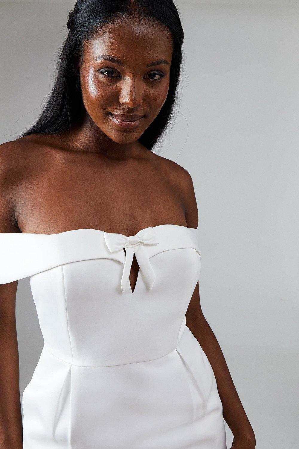 Coast Ivory Structured Satin Mini Bow Bardot Column Wedding Dress ...