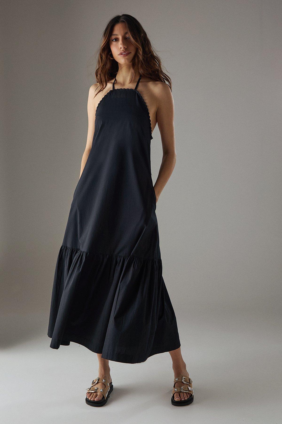 Warehouse Black Poplin Crochet Trim Drop Waist Midi Sundress ...