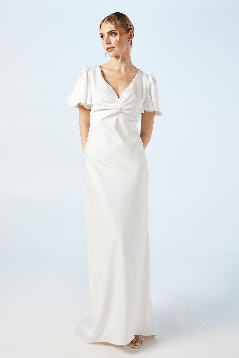 Oasis Ecru Twist Detail Satin Puddle Hem Wedding Dress | PLT