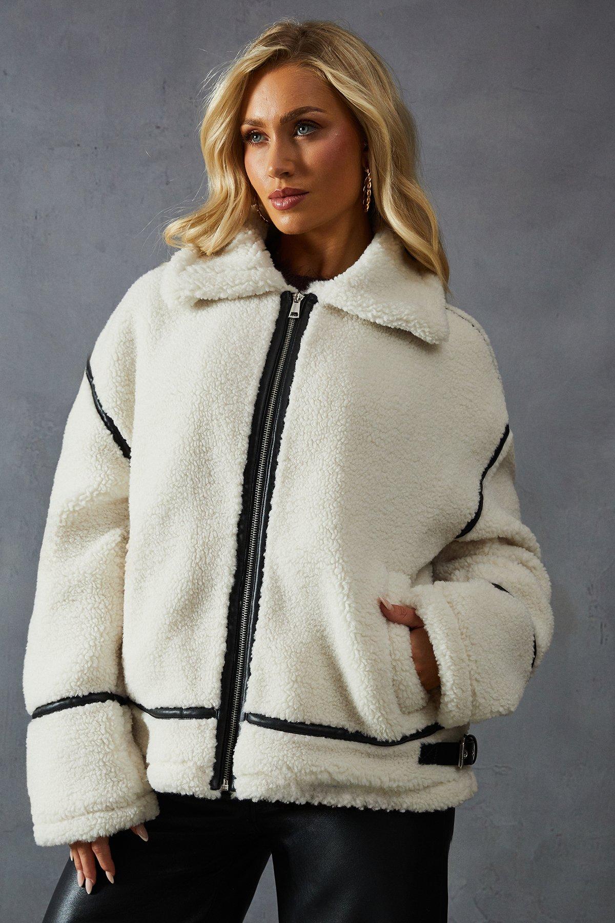 MissPap Cream Teddy Faux Fur Aviator Jacket | PLT