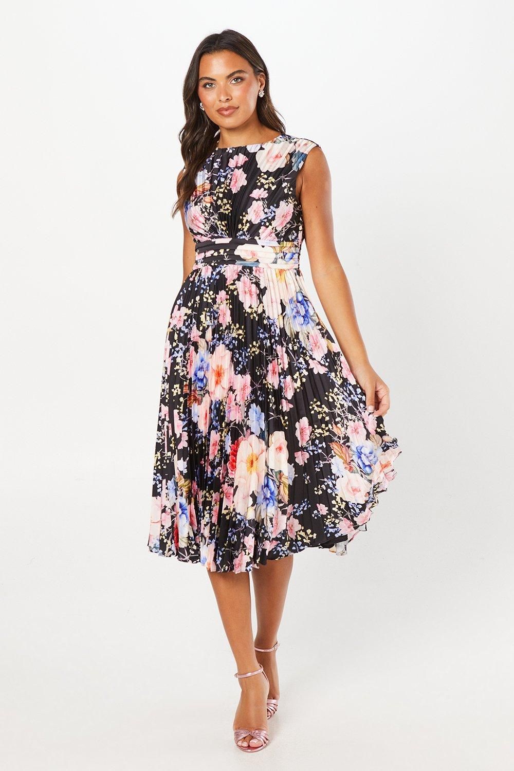 Coast Black Printed Pleated Satin Midi Wedding Guest Dress | PLT