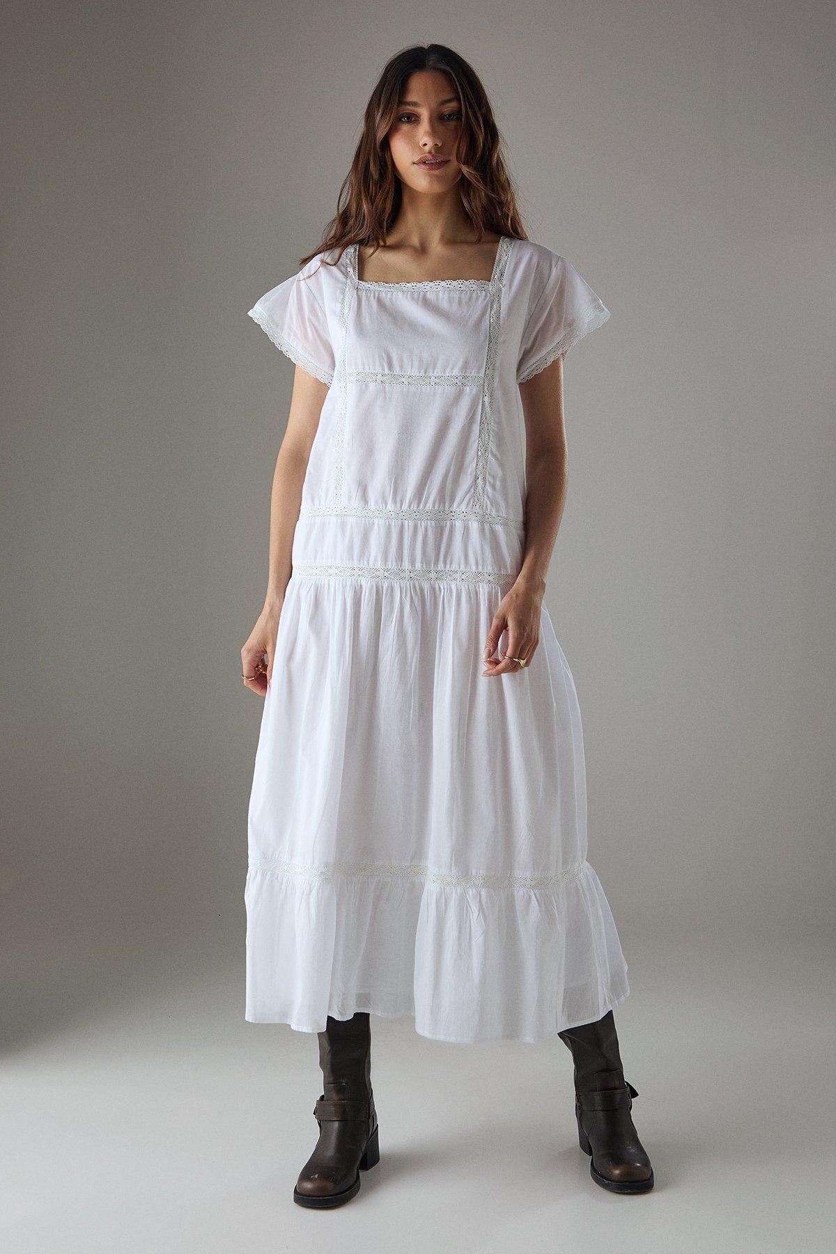 Warehouse White Cotton Lace Square Neck Midi Smock Dress ...