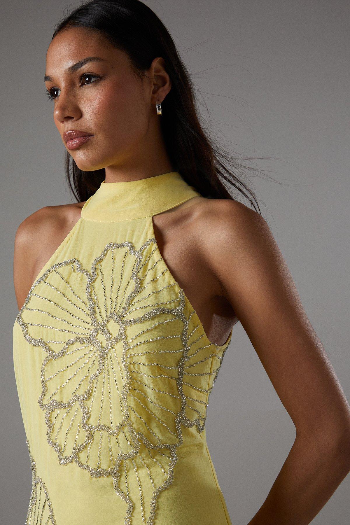 Coast Yellow Embellished Maxi Dress With Godet Pleats | PrettyLittleThing