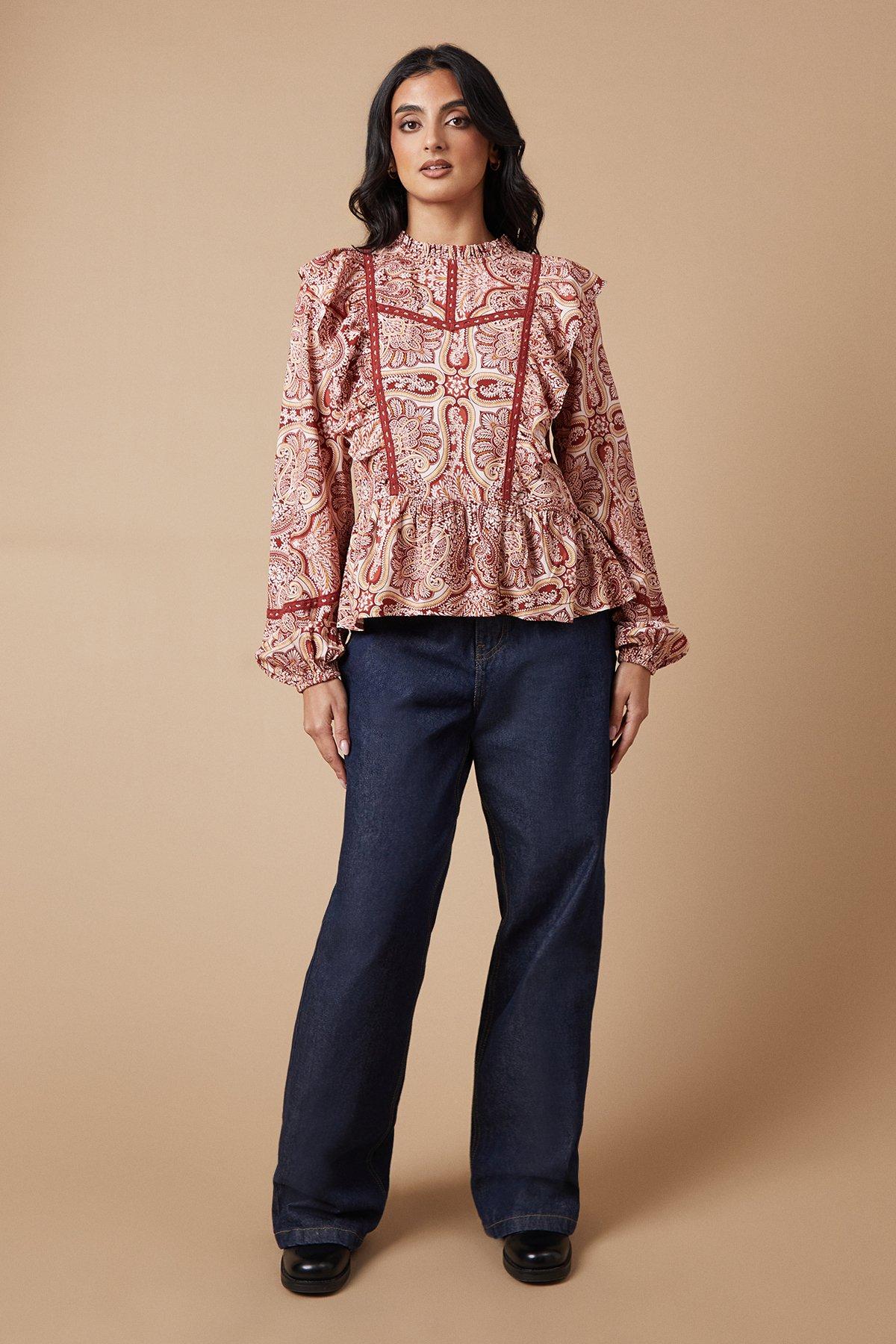 Oasis Rust Paisley Printed Ruffle Lace Trim Top | PrettyLittleThing