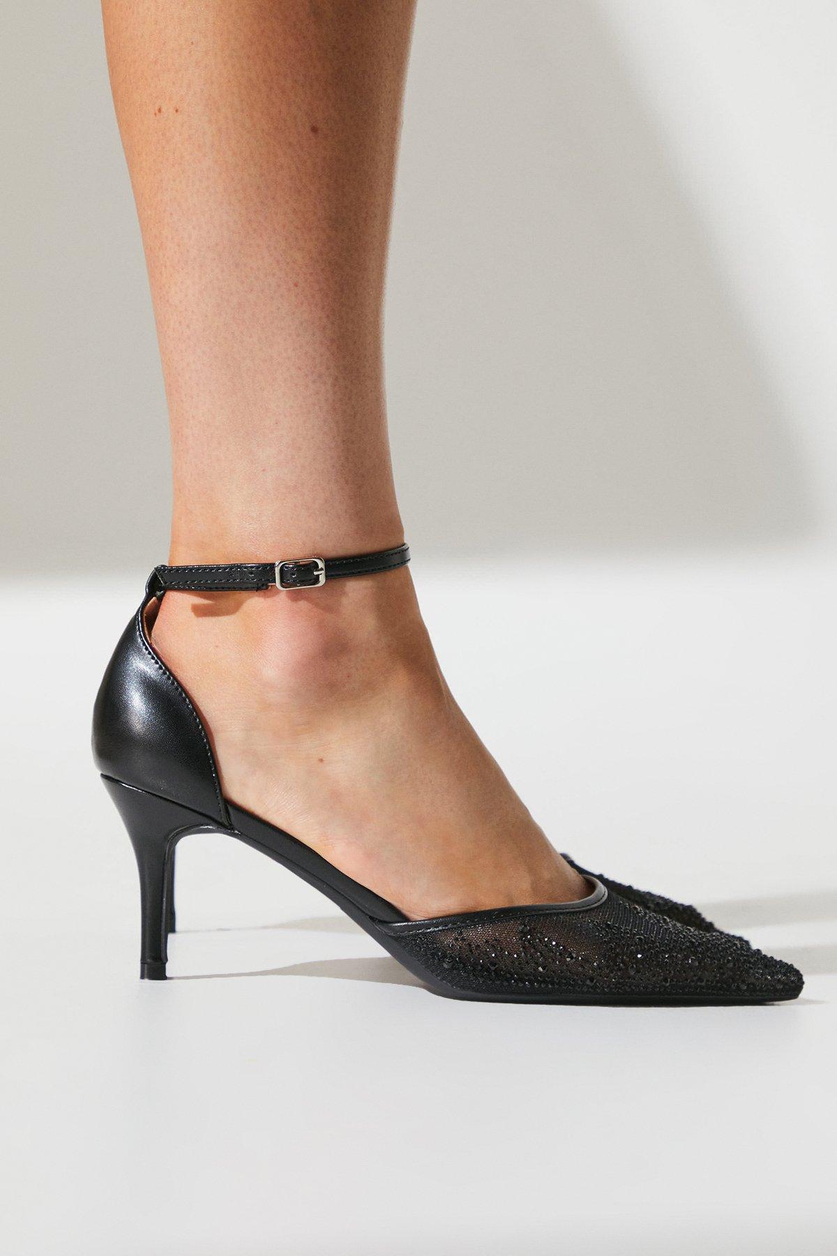 Coast Black Darla Diamante Mesh Ankle Strap Stiletto Court Shoes | PLT