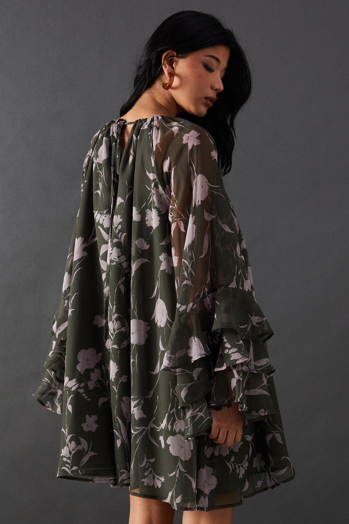 Warehouse Floral Floral Chiffon Ruffle Volume Sleeve Mini Smock Dress | PLT