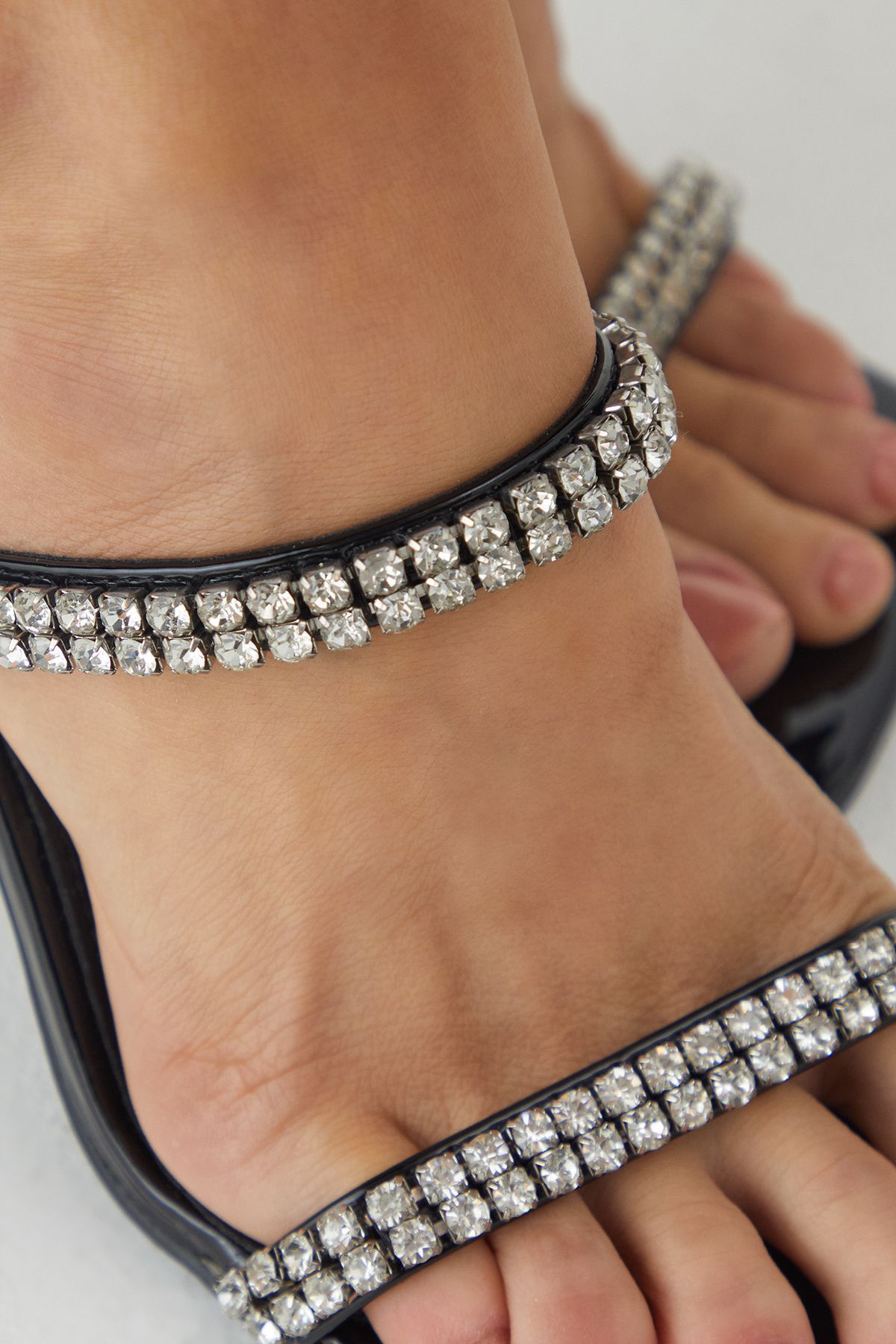 MissPap Black Diamante Double Strap High High Stiletto Heel Mules | PLT