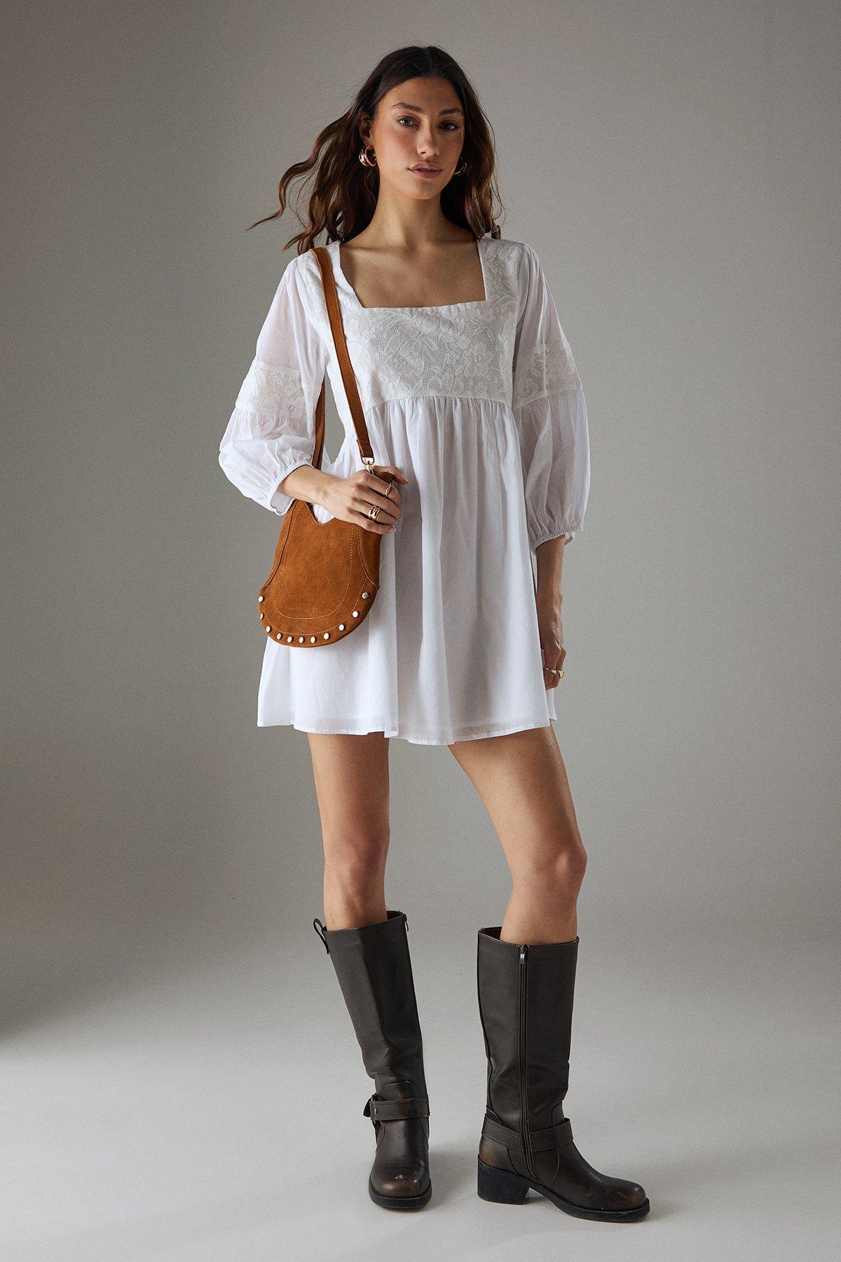 Warehouse White Tablecloth Trim Square Neck Mini Smock Dress ...