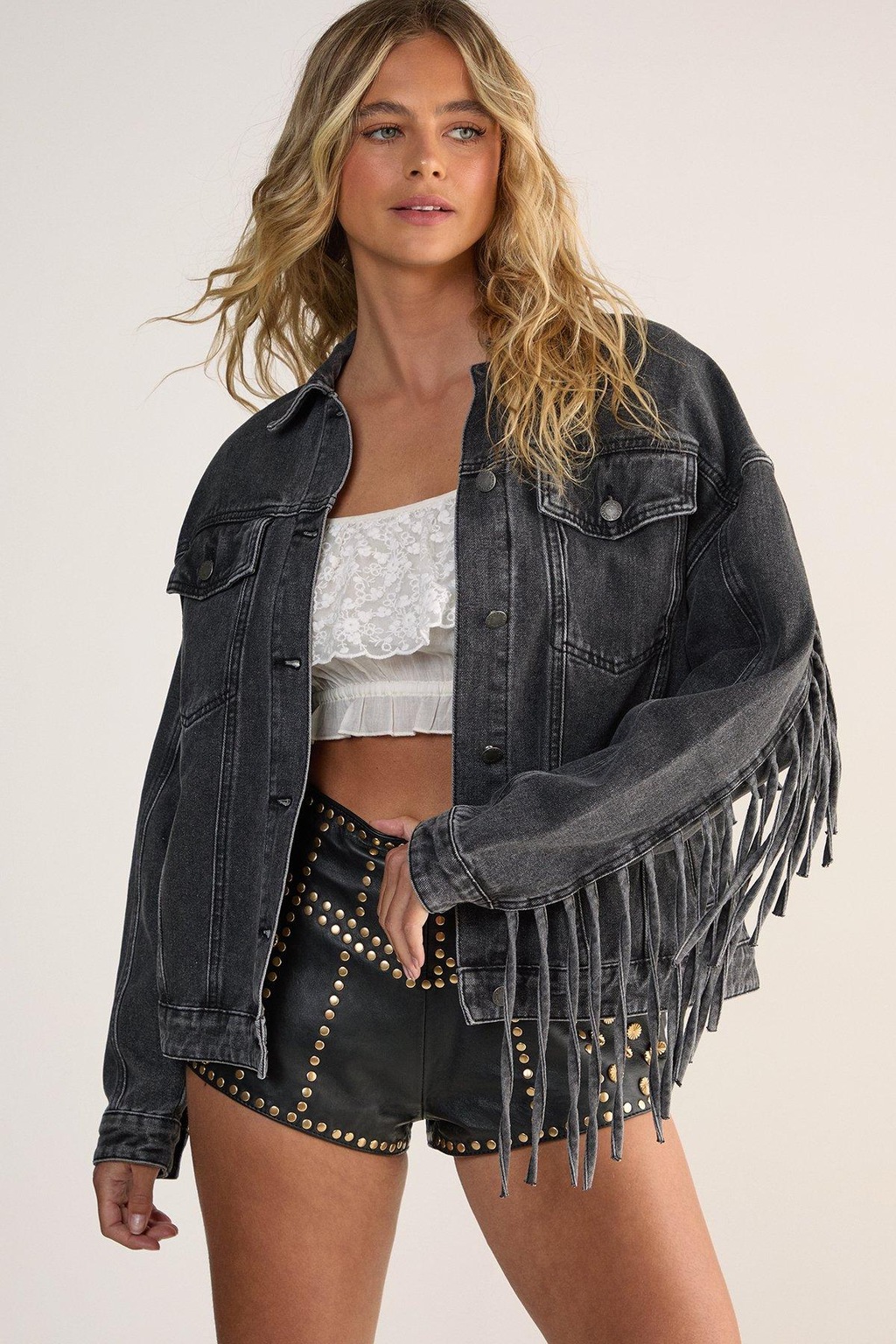 NastyGal Black Denim Fringed Oversized Jacket | PrettyLittleThing