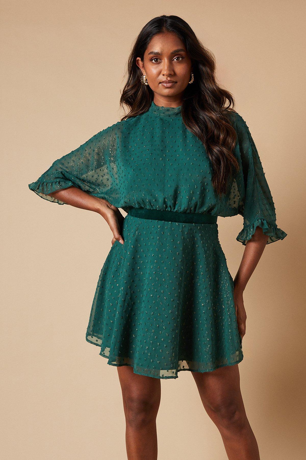 Oasis Green Occasion Glitter High Neck Mini Dress | PrettyLittleThing