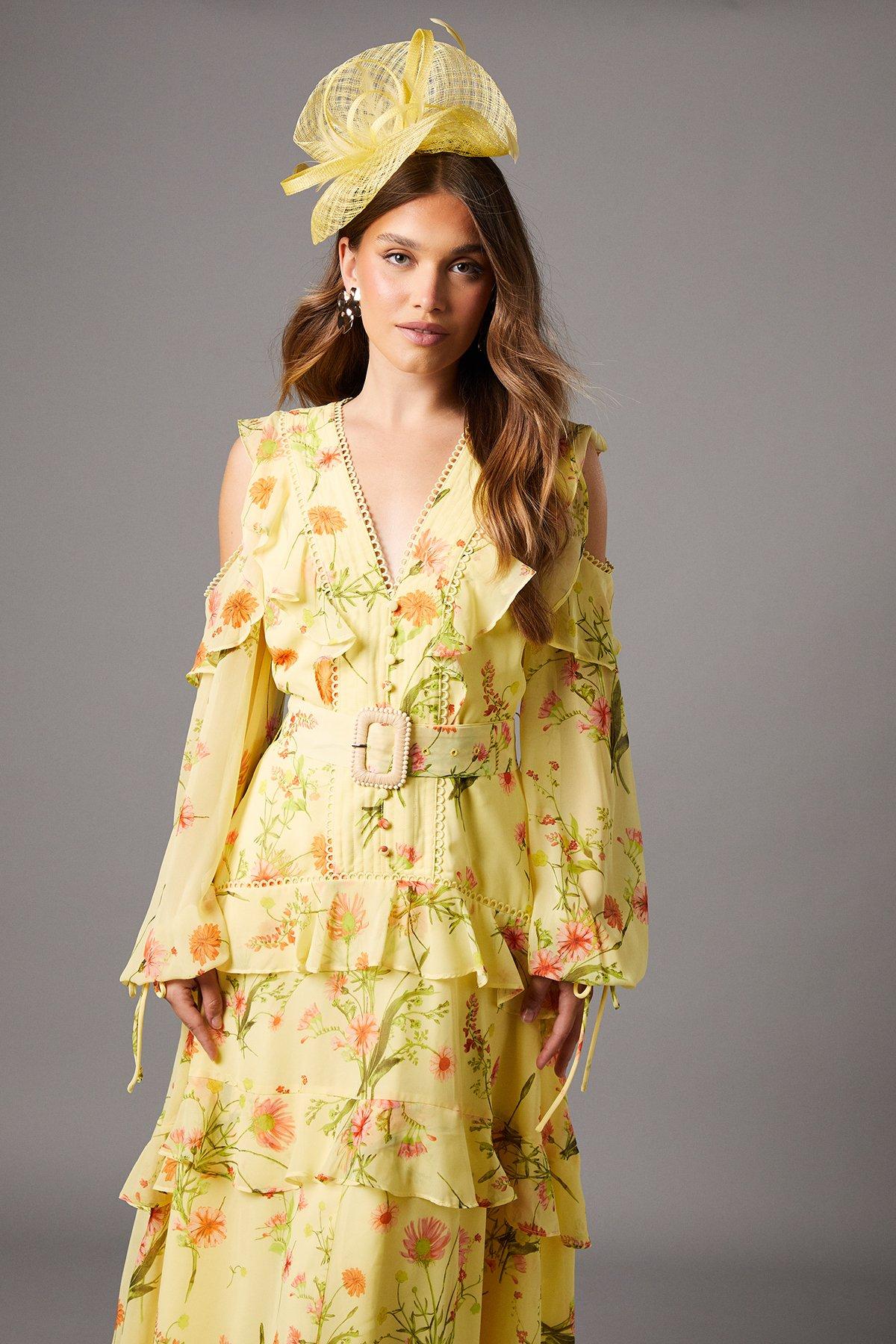 Coast Yellow Cut Out Ruffle Belted Midi Dress | PLT