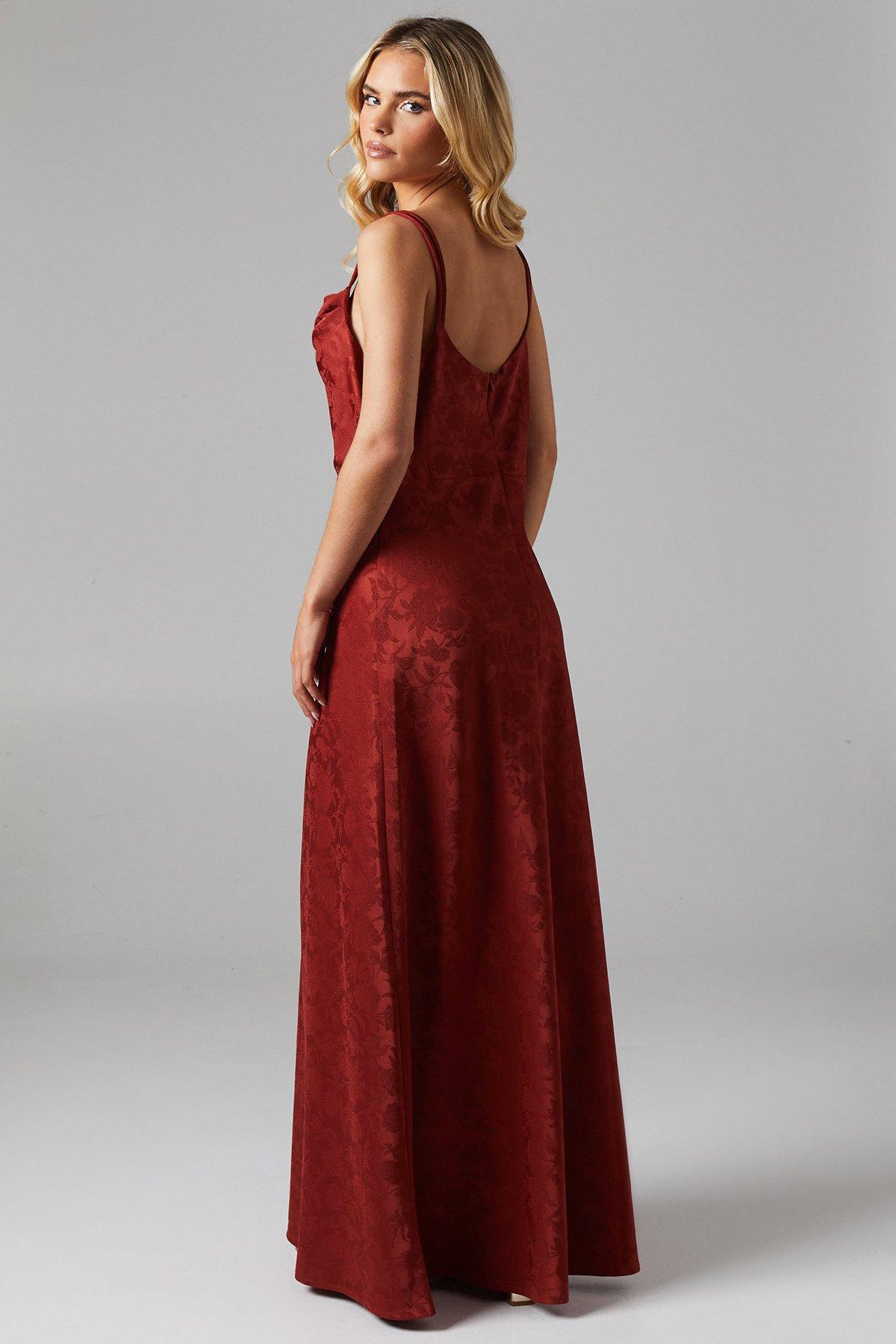 Oasis Rust Petite Double Strap Cowl Neck Satin Jacquard Bridesmaid Midi ...