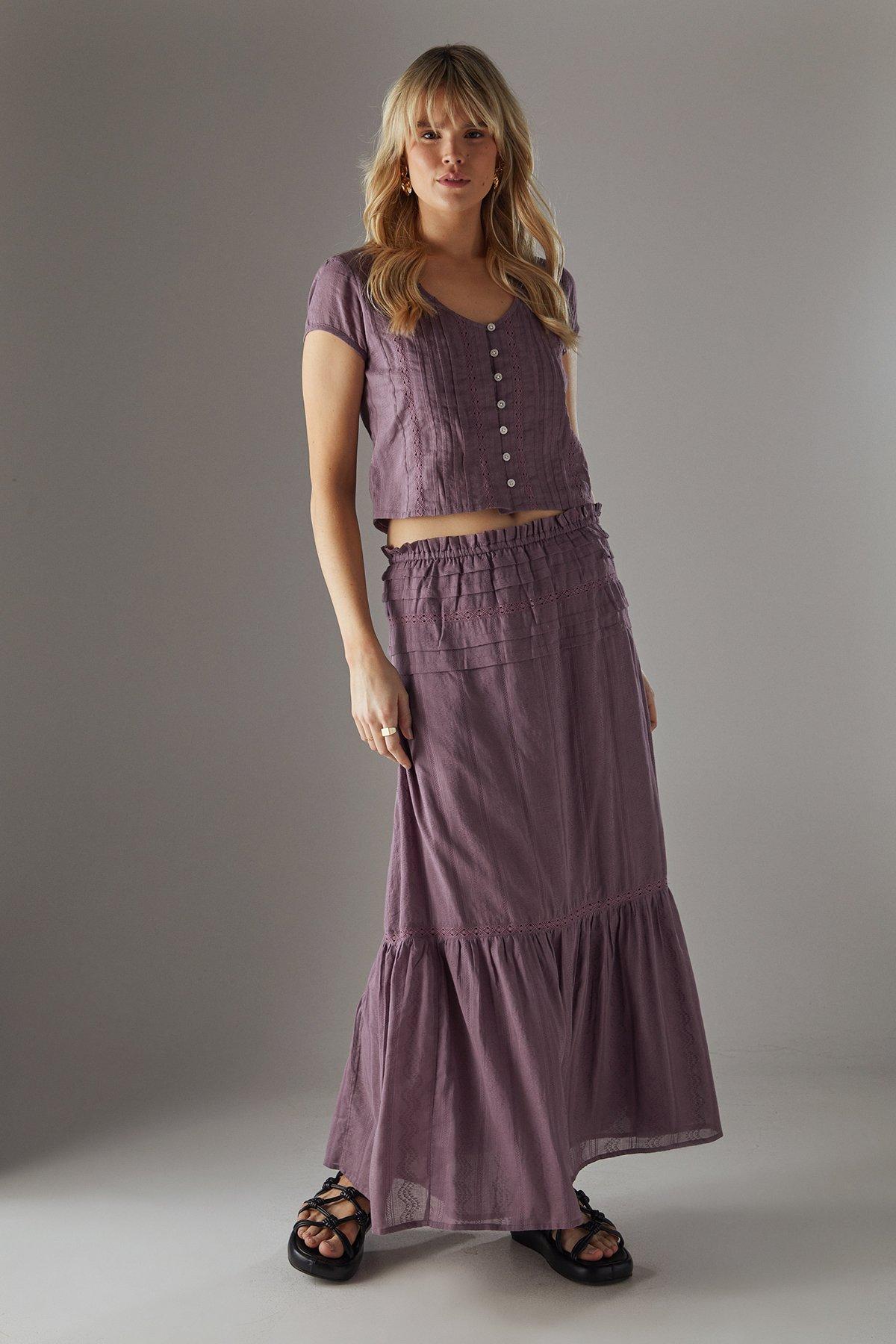 Warehouse Mauve Cotton Dobby Trim Insert Boho Skirt | PLT