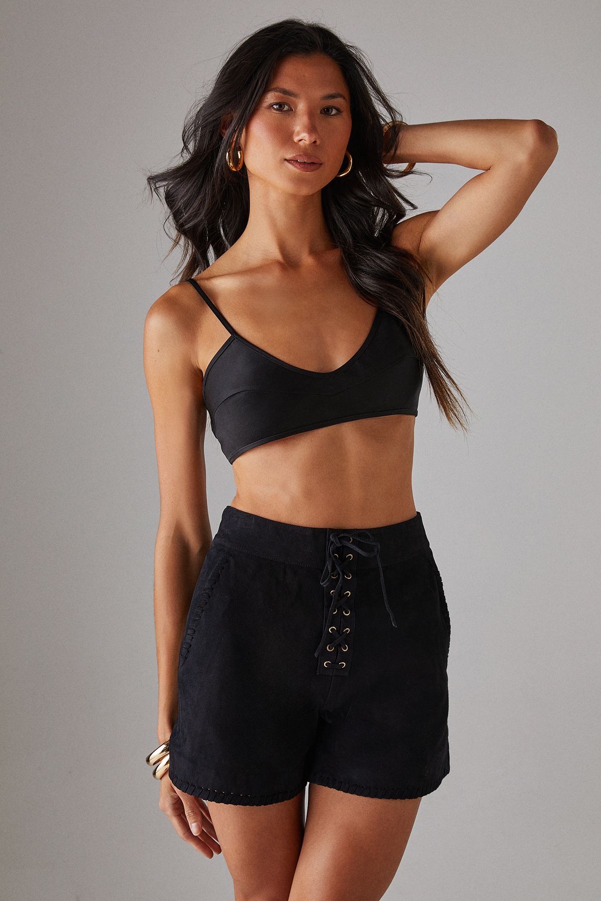 Warehouse Black Real Suede Lace Up Whipstitch Shorts | PLT